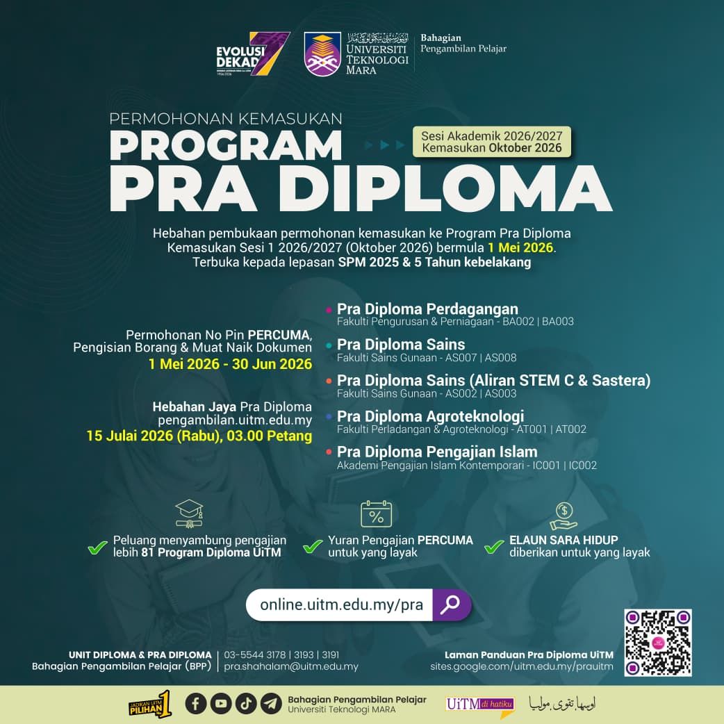 Permohonan Pra Diploma UiTM 2026 Dibuka: Peluang Kedua Untuk Lepasan ...